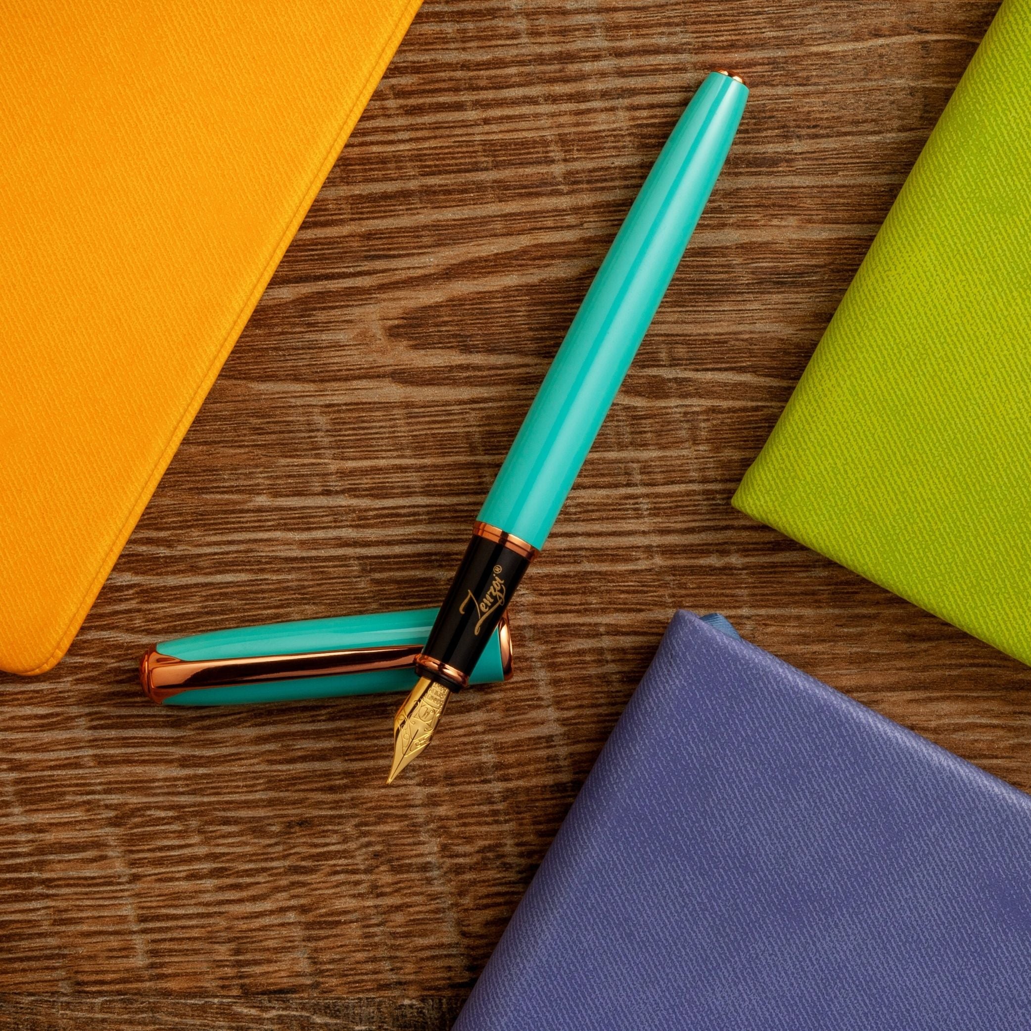 Turquoise & Rose Gold Fountain Pen with Gold Medium Nib | ZenZoi